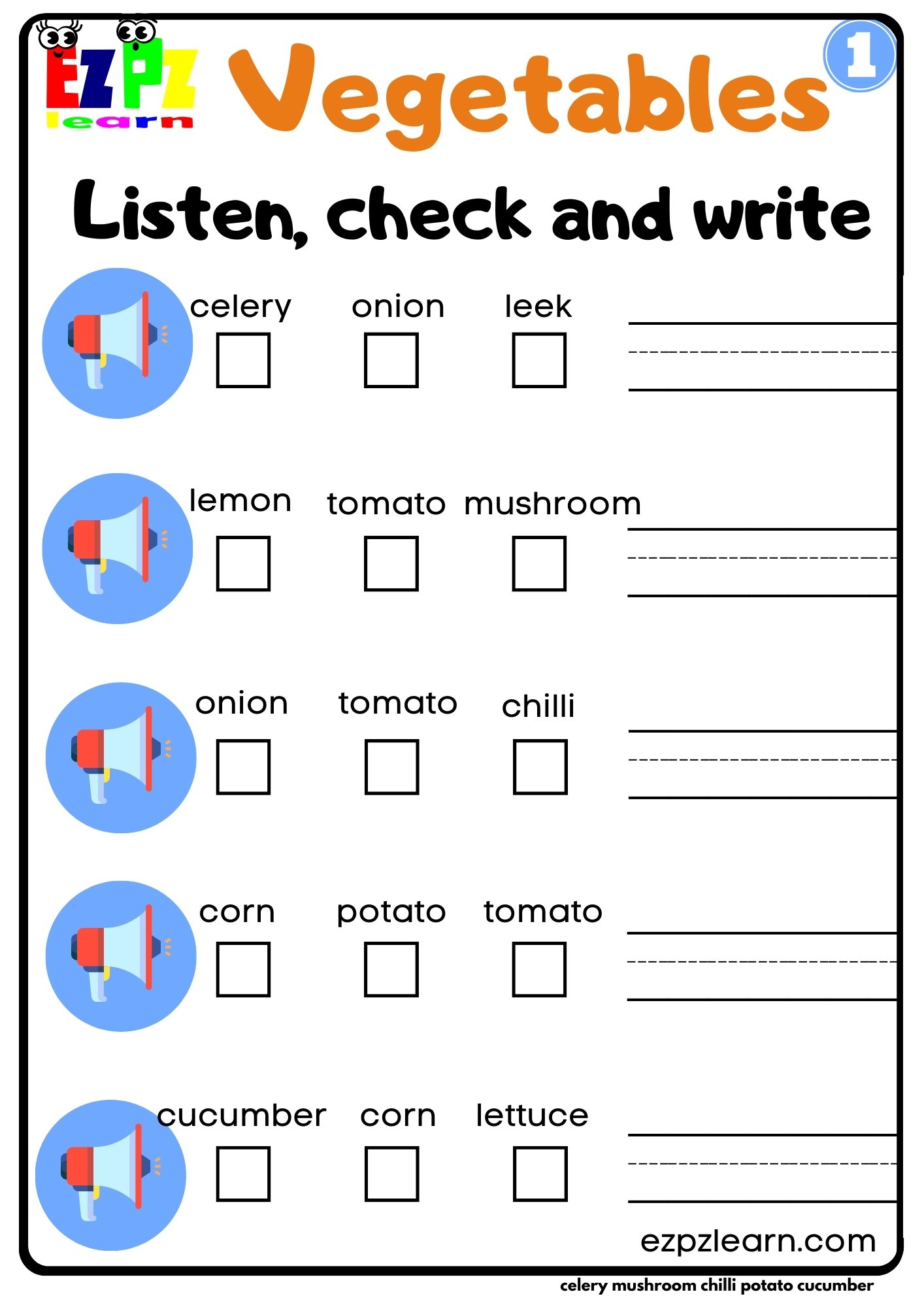 Interactive Worksheet for Vegetables Listen, Check and Write Activity for ESL and K-5 Students ...